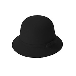 Women Felt Hat, Bucket Hat, Adjustable Vintage Bowler Suede Wool Hat with Bowknot Black