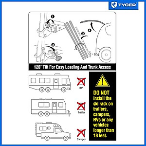 Tyger Auto TG-RK1B707B Folding Hitch-Mounted Ski/Snowboard Rack Fits 2" or 1.25" Receiver Carries 6 Pair Skis or 4 Snowboards | Key Lock | Security Strap | Vertical Adjustable | Tilt Access
