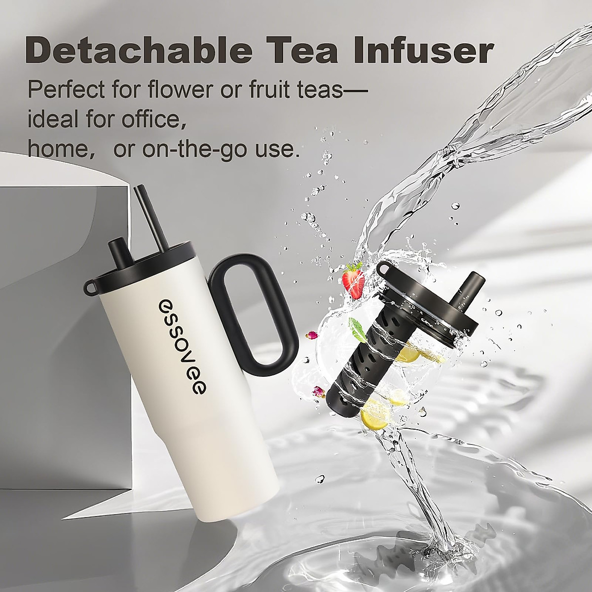 Essovee 26 oz Tumbler with Handle and Straw, Frosted Texture Insulated Stainless Steel Water Bottle with Lid, Keeps Cold/Hot Travel Coffee Mug with Straw Cover for Home Travel Office Use(White)