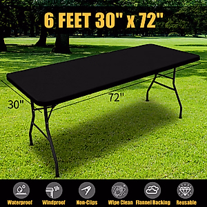 Smiry Rectangle Picnic Table Cloth, Waterproof Elastic Fitted Tablecloths for 6 Foot Tables, Washable Polyester Table Cover for Camping, Indoor and Outdoor (Black, 30"x72")