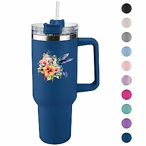 40 ounce insulated cup with handle, double-layer vacuum stainless steel material, equipped with straw, can keep warm or maintain cold drinks Flowers Hummingbird Cowboy Blue