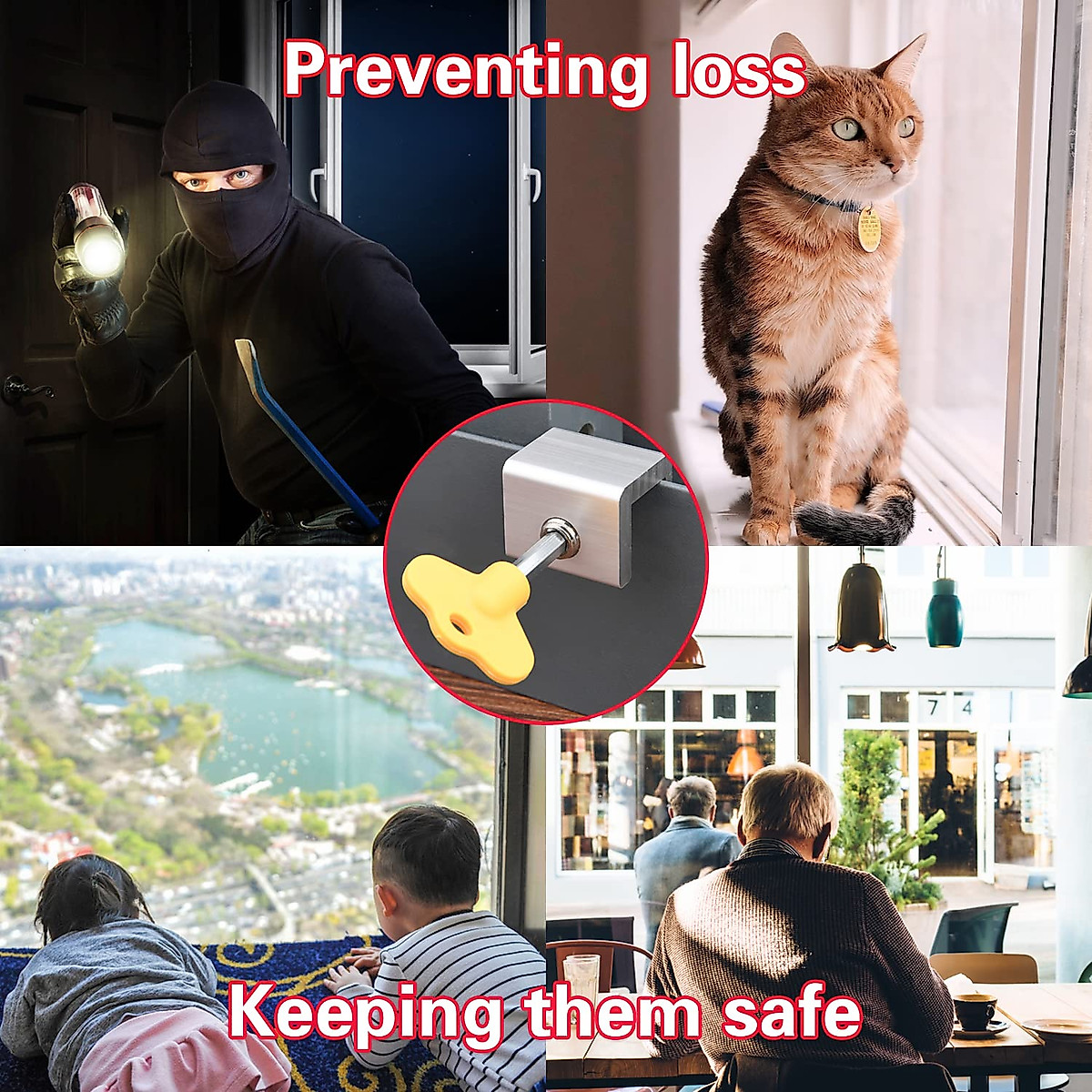 Tahikem 4 Sets Sliding Window Locks, Security Window Lock with Key, Aluminum Window Stoppers for Vertical & Horizontal Slide Door, Adjustable Security Locks, for Child Home Bedroom Double Hung Windows