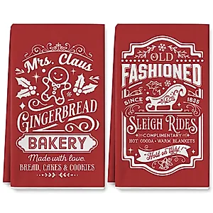 AnyDesign Merry Christmas Kitchen Towel Red Farmhouse Dish Towel 18 x 28 Inch Gingerbread Sleigh Rides Tea Towel Hand Drying Towel for Home Party Cooking Baking, 2 Packs