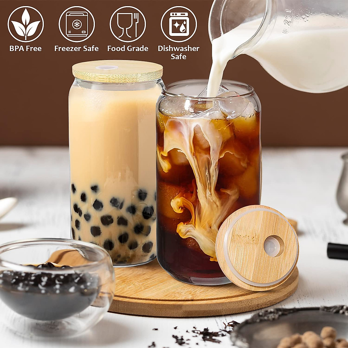 Ritzy Home Shopping - Aesthetic Set of 4-16 Oz Tumbler Glasses with Bamboo Lids and Glass Straws - Clear Drinking Glass Design for Iced Coffee, Tea, Cocktail, latte or Beer.