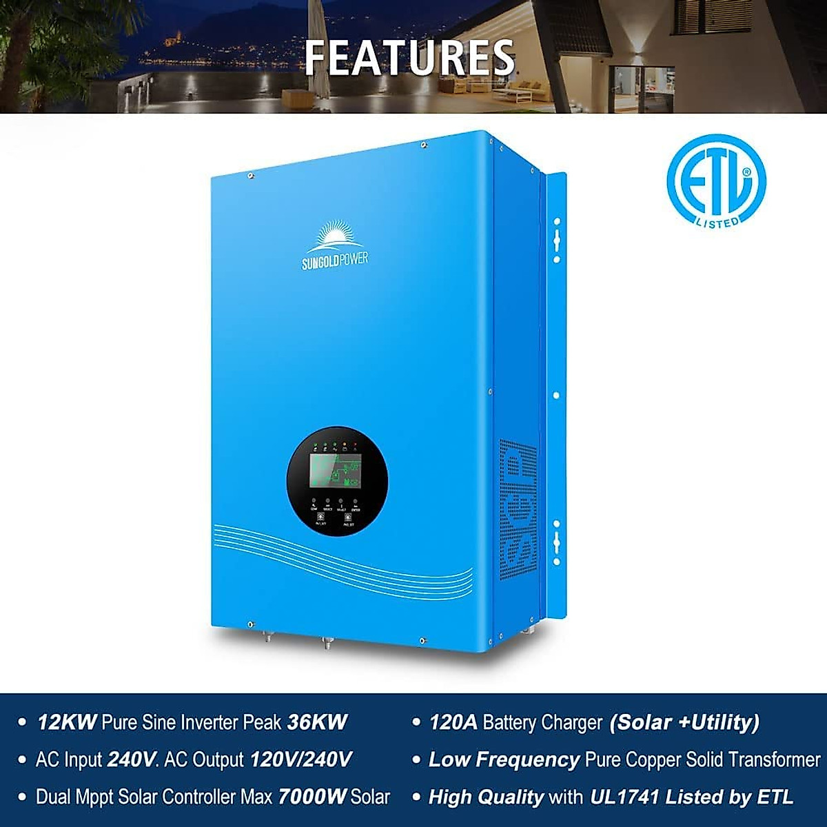 SUNGOLDPOWER UL 1741 12000W 48 Volt Solar Inverter Charger, 240V Input 120V/240V Output Split Phase, Pure Sine Wave, Low Frequency with 80A AC Charger, Two 60A MPPT Solar Chargers, Blue