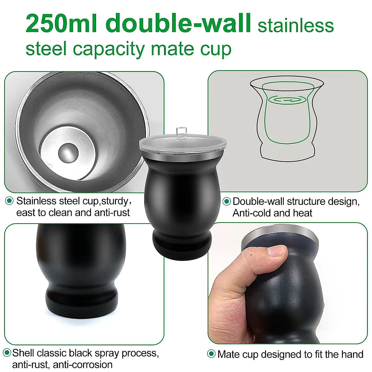 NestEcho Yerba Mate Cup Yerba Mate cup mate Cup Gourd Shape with a double-walled stainless steel structure set kits