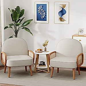 SHINEBOOM Accent Chairs Rattan Comfy Upholstered Modern Arm Chair for Living Room Reading Bedroom Balcony Faux Leather Chair, Beige