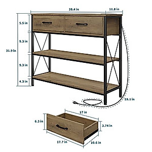 HITHOS Console Table with Outlets and USB Ports, Industrial Hallway Table with Storage 2 Drawers and Shelves, Narrow Long Sofa Entryway Table for Living Room, Rustic Brown