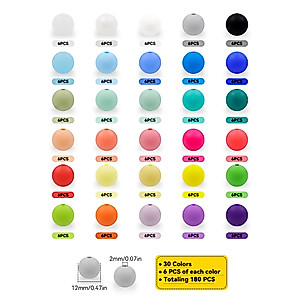 180PCS FIVEIZERO Silicone Beads, 30 Colors 12mm Silicone Beads Focal Beads Rubber Round Beads Mixed Color Silicone Lentil Beads Bulk for DIY and Keychain Accessories Silicone Beads Crafts Making