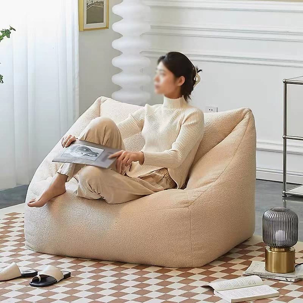 Bean Bag Chair Top Faux Cashmere Fleece Bean Bag Cover No Filler Adult Beanbag Chair Pouf Ottoman Sac Nest Floor Seat Sofa Couch Living Room Furniture (Color : Beige, Size : Empty Cover)