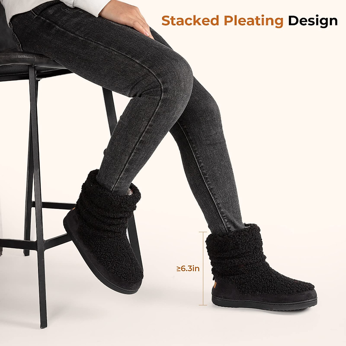 HomeTop Women's Bootie Slippers Fuzzy Warm Memory Foam Indoor House Shoes with Non-slip Rubber Soles (9-10, Black)