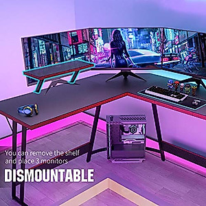 Devoko L Shaped Gaming Desk 51 Inch Computer Corner Table Home Office Desk Gamer Table with Large Monitor Riser Stand Carbon Fibre Surface (Black)
