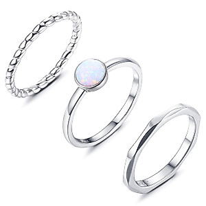 MILACOLATO S925 Sterling Silver Stackable Rings Set for Women Men 18K White Gold Plated Opal Hammered Twisted Thumb Rings High Polished Pinky Knuckle Finger Rings Wedding Band Rings Comfort Fit Size 8