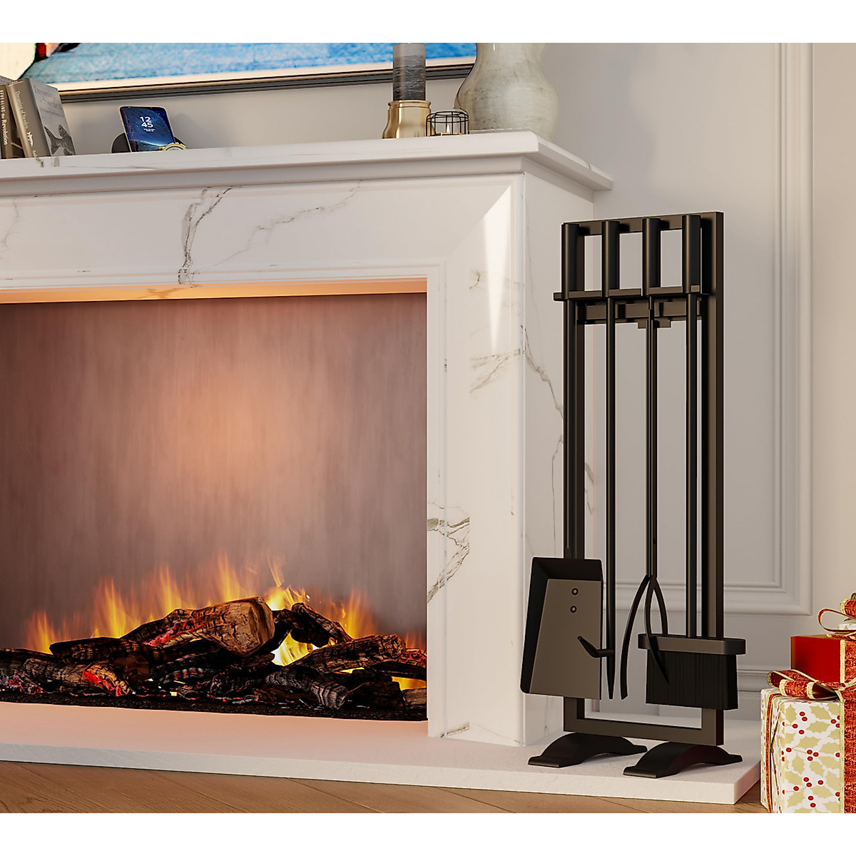 Fire Beauty Fireplace Tools Set 5 Pieces Fireside Accessories Fire Kit Stand Woodstove Tools Holder Wrought Iron Handle Indoor Fireset Stand