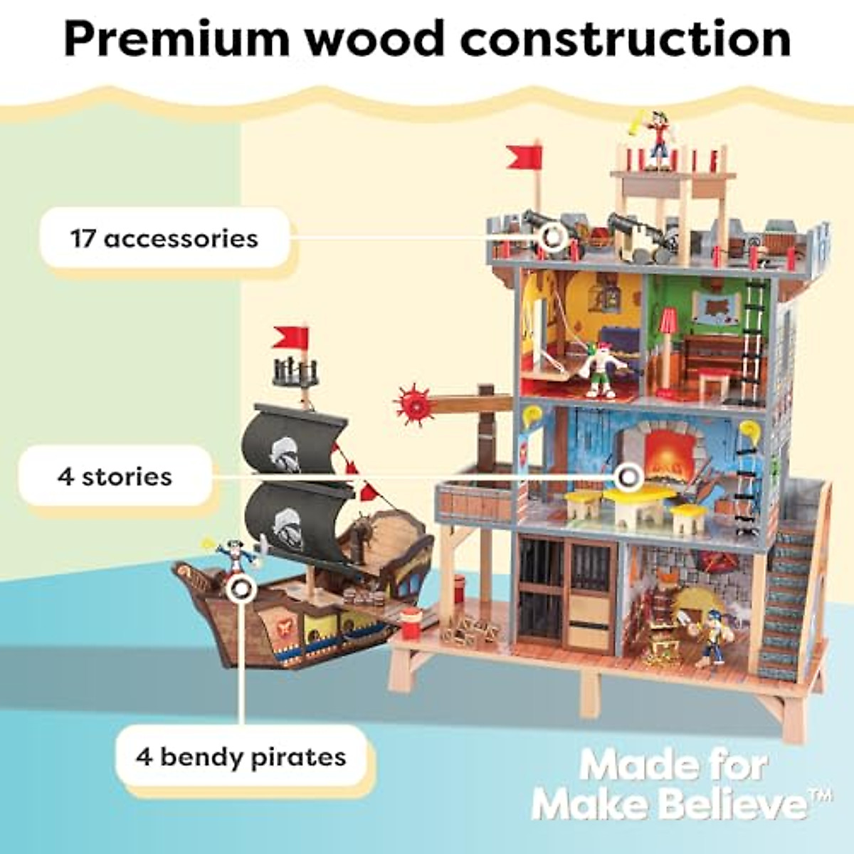 KidKraft Pirate's Cove Wooden Ship Play Set with Lights and Sounds, Pirates and 17-Piece Accessories, Gift for Ages 3+