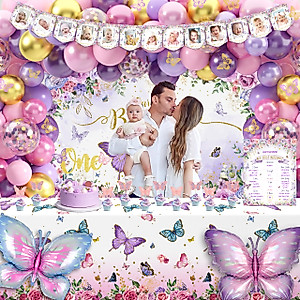 Butterfly First Birthday Decorations for Girl Pink Purple Butterfly 1st Birthday Party Decoration Supplies Include Balloon Arch Balloon Boxes Butterfly Backdrop Tablecloth Birthday Hat