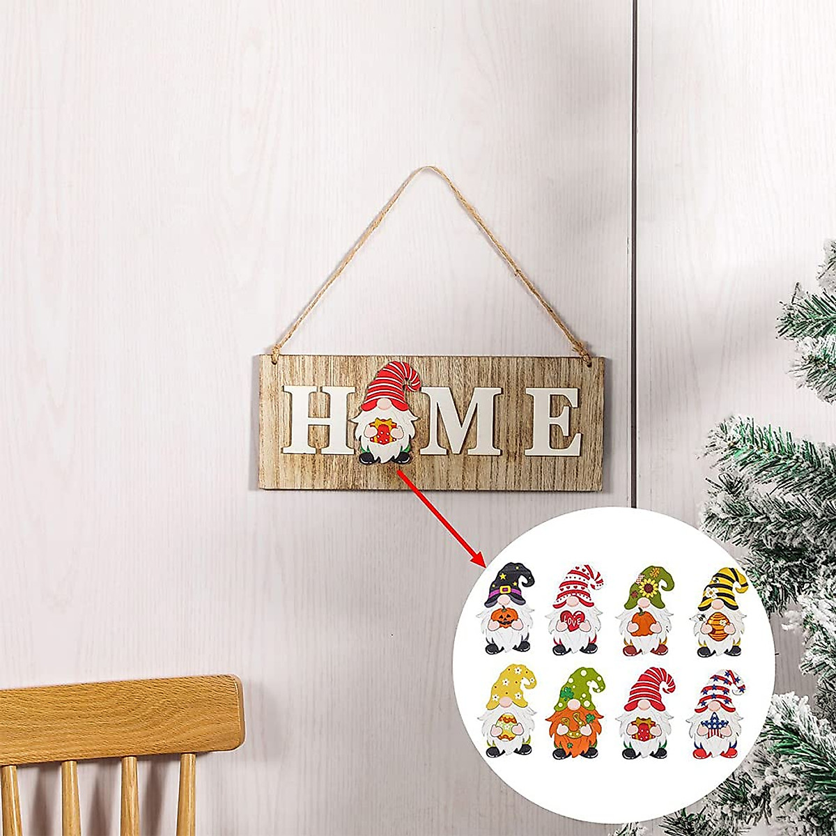 Gnome Sign Interchangeable Welcome Sign Home Door Sign Wooden Door Hanger Ornaments Home Sign Rustic Farmhouse with Interchangeable Holiday Pieces for Housewarming Garden Decor