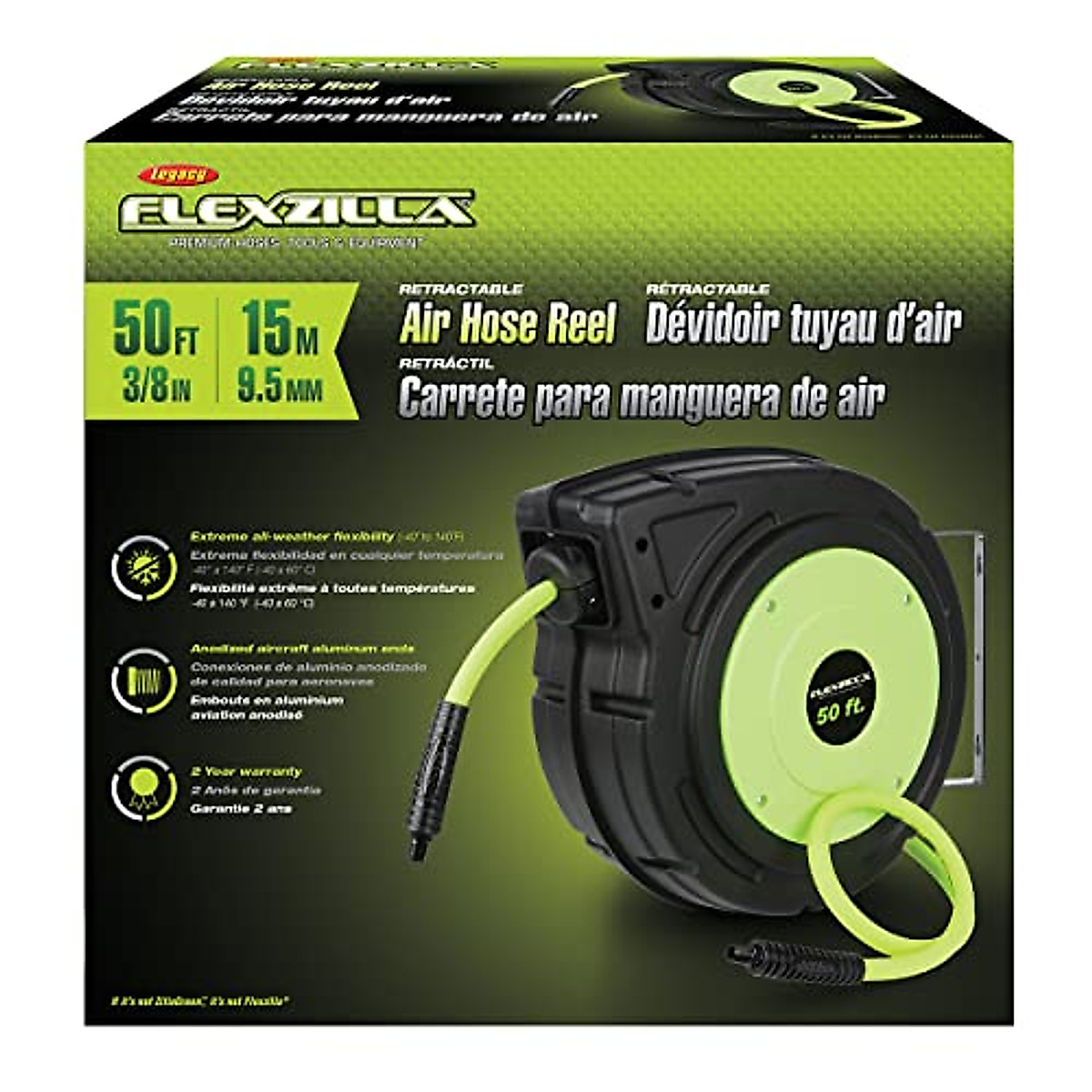 Flexzilla Retractable Enclosed Plastic Air Hose Reel, 3/8 in. x 50 ft., Heavy Duty, Lightweight, Hybrid, ZillaGreen - L8250FZ