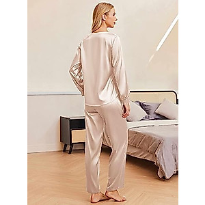Ekouaer Pjs Womens Satin Nightwear Long Sleeve Sleep Set Champagne 2 Pieces Sleepwear Set Two Piece Bride Pajama Champagne XL