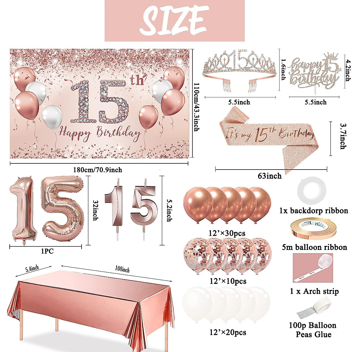 Trgowaul 15th Birthday Decorations Balloon Set Women's Arch, Rose Gold 15th Birthday Banner and Party Tablecloth, Belt and Tiara, Pink Gold 15th Balloon, Pink Birthday Cake Top, Latex Balloon * 60