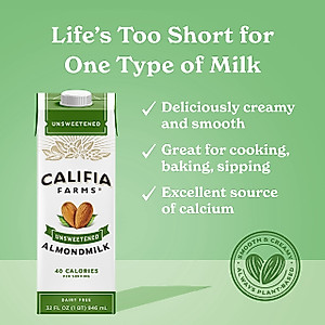 Califia Farms - Unsweetened Almond Milk, 32 Oz (Pack of 6), Dairy Free, Vegan, Plant Based, Keto Food, Shelf Stable, Vegan, Gluten Free, Non GMO, Sugar Free, High Calcium, Smoothie