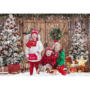 Felortte 8x6FT Polyester Fabric Winter Christmas Rustic Barn Wood Door Photography Backdrop Xmas Tree Snow Gifts Decor Background Banner for Family Holiday Party Supplies Photo Studio Props Pictures