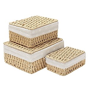 VTOBON Small Wicker Basket with Lid, 3-Pack Toilet Paper Storage Baskets with Removable Liner Tampon Holder for Bathroom Makeup Drawer Desk Closet Organizer Storage, Natural