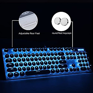 Camiysn Typewriter Style Mechanical Gaming Keyboard, White Retro Punk Gaming Keyboard with Blue Backlit, 104 Keys Blue Switch Wired Cute Keyboard, Round Keycaps for Windows/Mac/PC