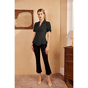 Scarlet Darkness Black Elegant Shirt Womens Steampunk Victorian Lace Up Blouse V Neck Short Sleeve Shirts Black L