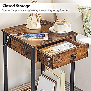 HOOBRO Nightstand with Charging Station, Tall Side Table, End Table with Drawer and Storage Shelf, Industrial End Telephone Table, for Study, Bedroom, Space Saving, Rustic Brown and Black BF71UBZ01