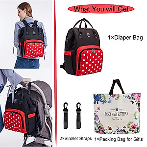 Cinkerr Cute Diaper Bag Backpack for Baby Girls/Boys, Personalized Polka Dot Large Capacity Travel Backpack with USB Port for New Moms/Dads,Baby Shower Gifts,Red White Printed Fashion Waterproof Tote