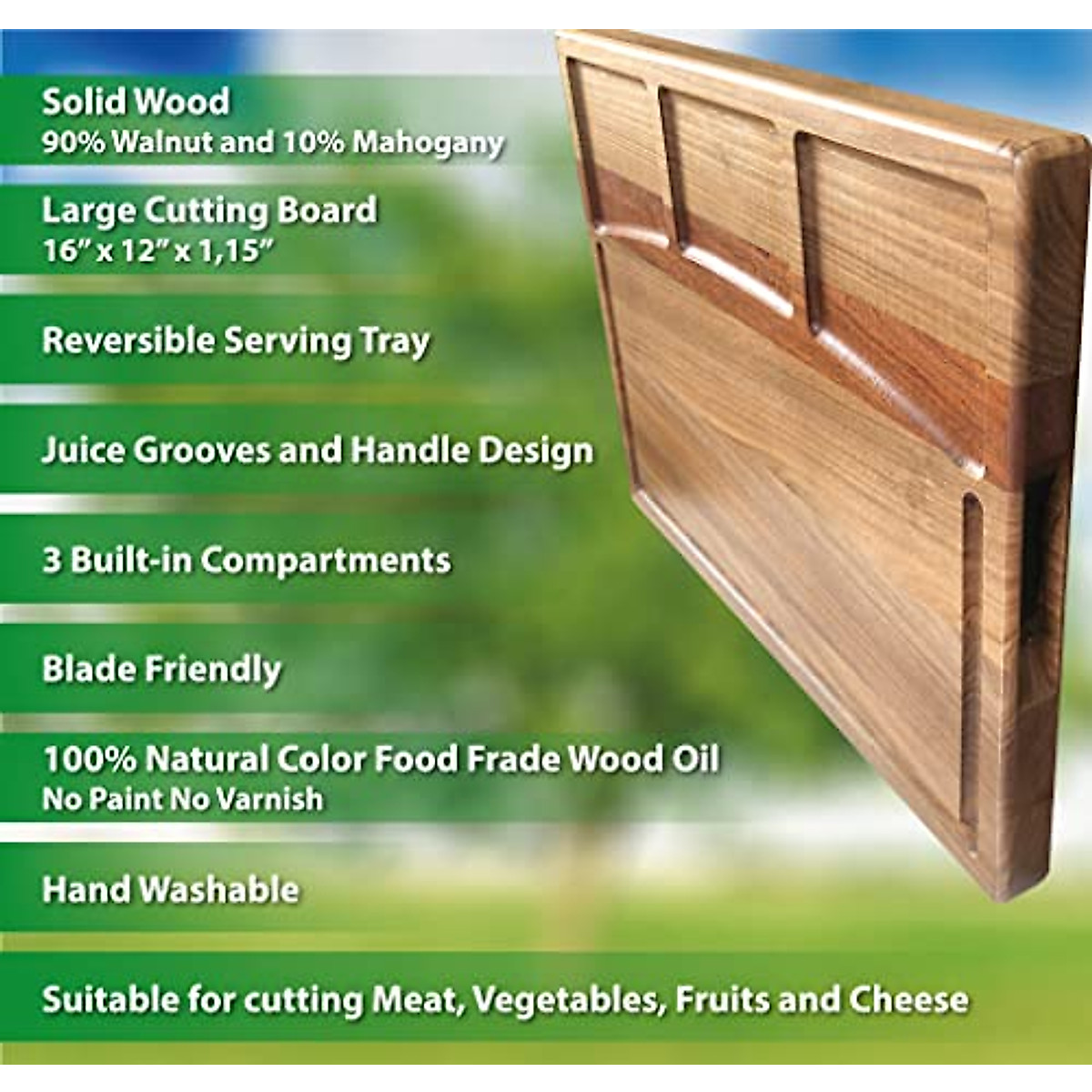 Bilikolik Large Walnut Wood Cutting Board for Kitchen (16x12x1.15) - Reversible Serving Tray - Walnut Cutting Board - Butcher Block - Meat, Vegetables, Fruits, Cheese