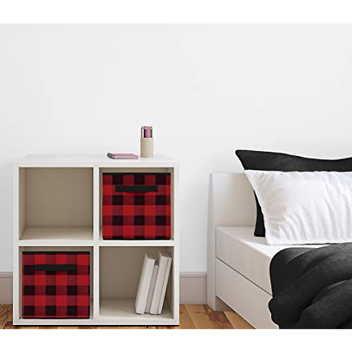 Sweet Jojo Designs Woodland Buffalo Plaid Foldable Fabric Storage Cube Bins Boxes Organizer Toys Kids Baby Childrens - Set of 2 - Red and Black Rustic Country Lumberjack