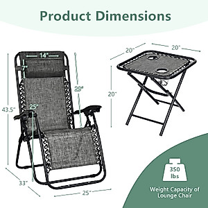 HAPPYGRILL Zero Gravity Lounge Chairs Set with Coffee Table, Folding Reclining Chairs with Side Table and Pillow, 3 Pieces Adjustable Patio Lawn Recliner Set for Outdoor Garden Camp Travel