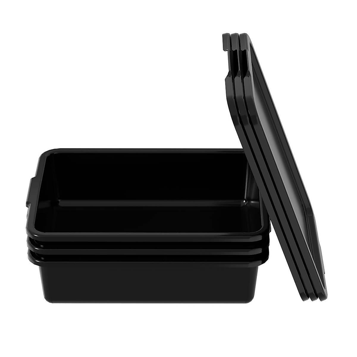 DynkoNA 3 Pack 13 L Plastic Commercial Bus Box, Restaurant Bus Tub with Lid, Black