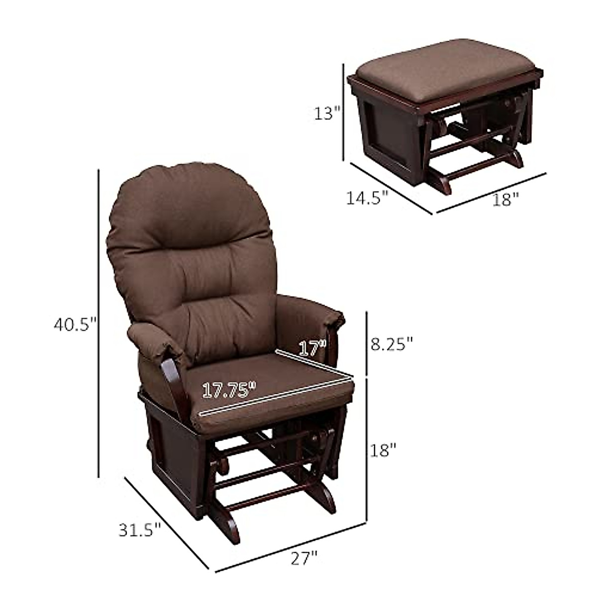 HOMCOM Nursery Glider Rocking Chair with Ottoman, Thick Padded Cushion Seating and Wood Base, Brown