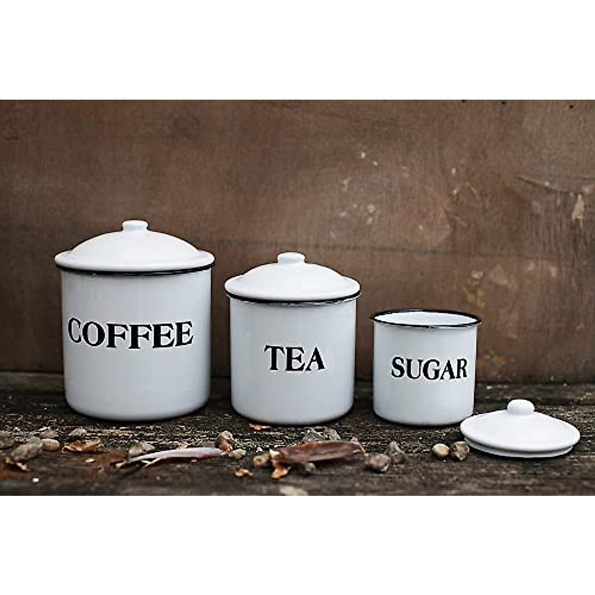 Creative Co-Op Farmhouse Enameled Metal Containers with "Coffee", "Tea", and "Sugar" Messages, White and Black, Set of 3 Sizes