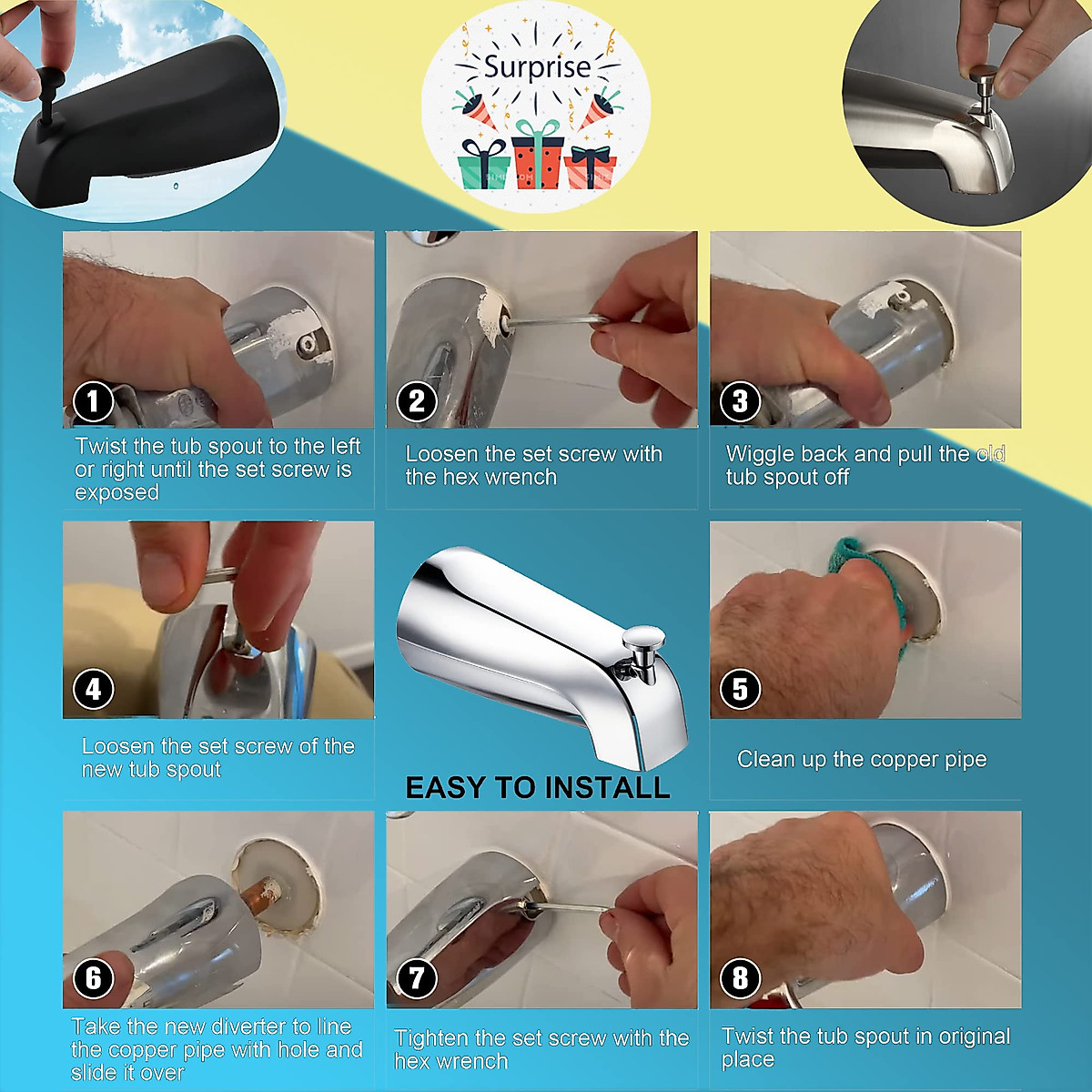 Slip Fit Tub Spout with Pull-Up Diverter for 1/2 inch Copper Tube,5.4 INCHES in Length,Easy to Install,Chrome (Not Applicable to Threaded Pipes) Thickened and Elongated Design 300 Grams