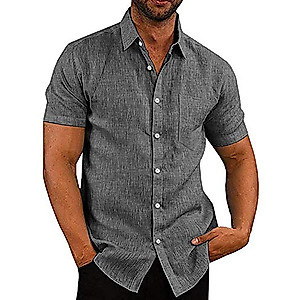 COOFANDY Mens Linen Shirt Textured Designer Western Work Regular Fit, Black, Large, Short Sleeve