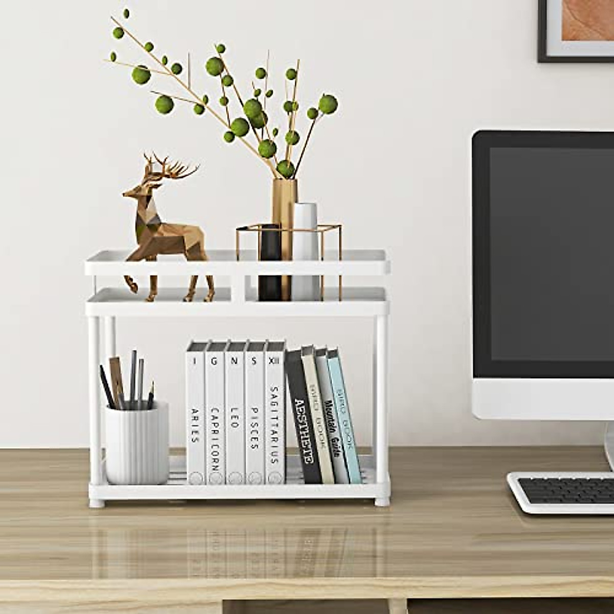 FLE Under Sink Organizer, 2 Tier Metal Under Bathroom Sink Storage Baskets with Hooks, Self Adhesive White Under Sink Shelf Organizer for Bathroom Kitchen