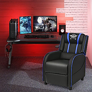 Giantex Gaming Recliner Chair, Racing Style Single Recliner Sofa w/Massage, Adjustable PU Leather Video Game Chair Home Theater Seat for Living Room Game & Recreation Room (Blue)