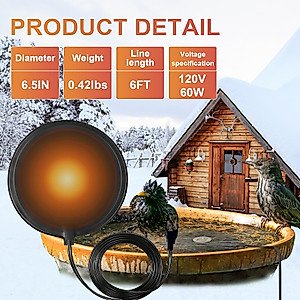 FOUDOUR Bird Bath Deicer 60W Thermostatically Controlled Bird Bath Heaters Warmer Pond De-icer for Winter Outdoor Garden Patio Yard and Lawn with 5.9Ft Cord (1PCS-Black)