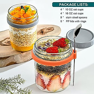 ZIZOTI 8 Packs Glass Overnight Oats Containers with Lids and Spoons,2 Size 16 Oz & 10 Oz Mason Overnight Oat Jars, Airtight Breakfast Meal Prep Glass Container to Go for Chia Yogurt Salad Cereal Fruit