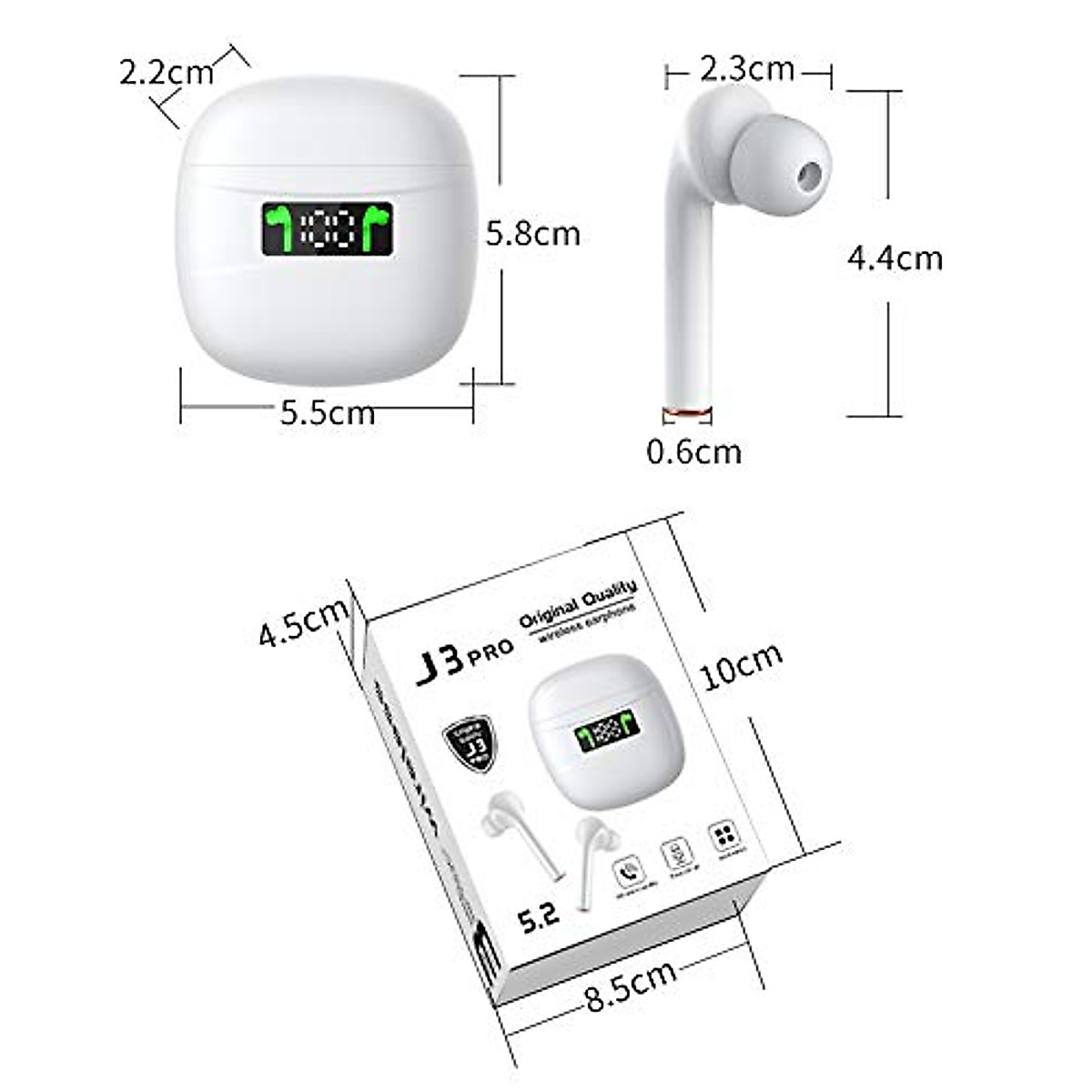 EARJIA True Wireless Bluetooth Earbuds - Smart Touch Controlled Wireless Earbuds Bluetooth No Noise Monaural/Binaural Mode Wireless Earbuds with 3 Pairs of Ear Buds (J3PRO, White)