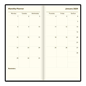 Letts of London Signature Weekly/Monthly Planner, 12 Months, January to December, 2024, Bonded Leather, Slim Size, 6.625" x 3.25", Black (C38SUBK-24)