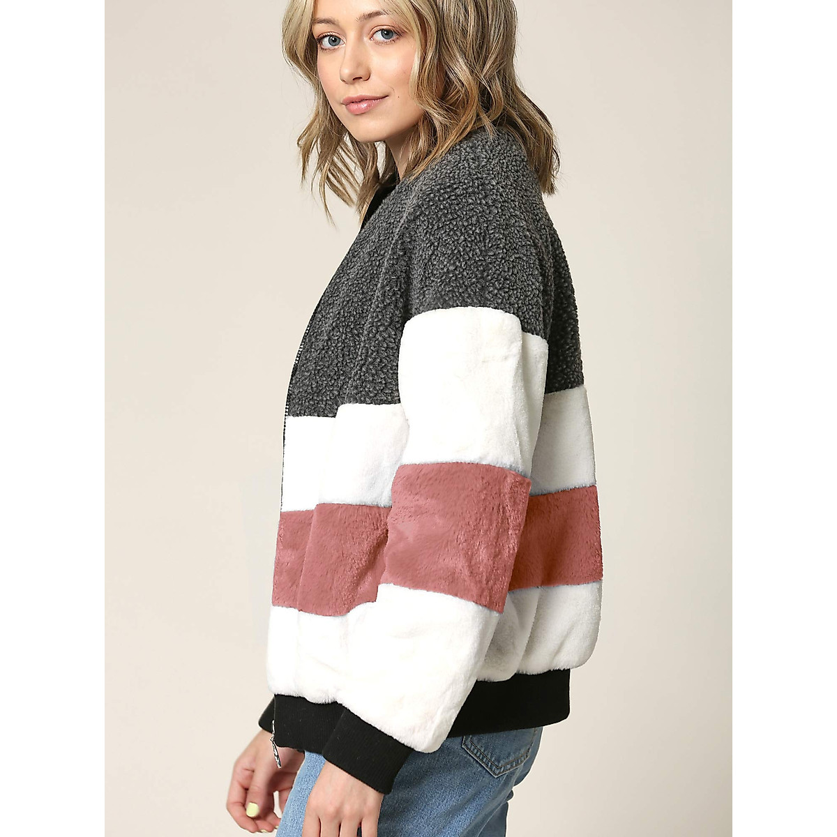 LL WJC2154 Women's Long Sleeve Zipper up Parka Sherpa Faux Mink Fur Shaggy Soft Fuzzy Fleece Jacket M Mauve