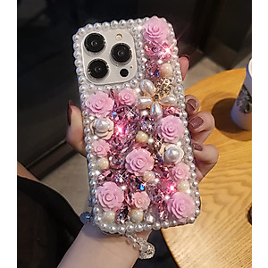 redecarie for Galaxy S9 Plus Case,Women Girls Luxury Fashionable Crystal Gemstone Roses Rhinestone Bling Glitter Diamond Bumper Clear Phone Cover with Wrist Strap for Samsung Galaxy S9 Plus