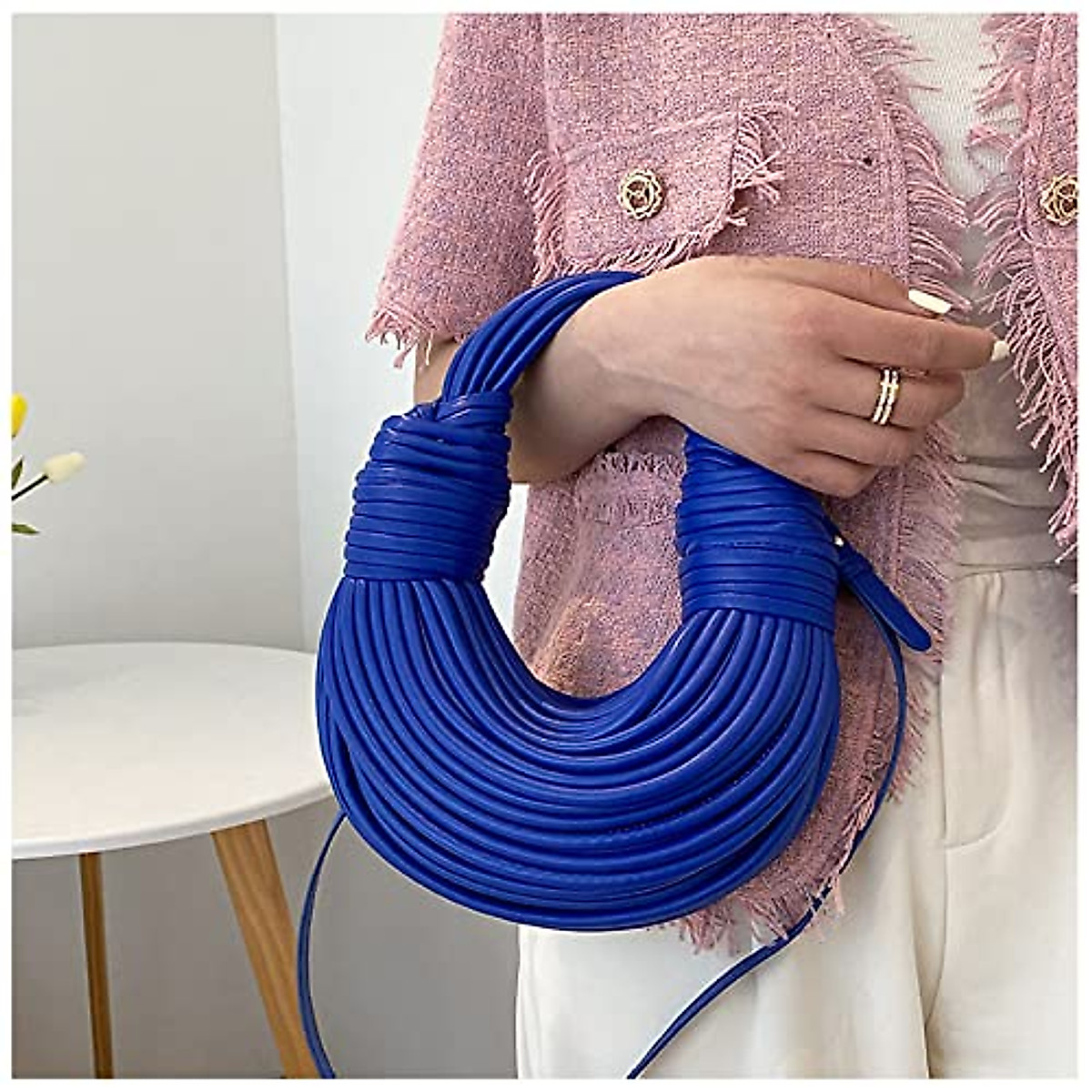 Knotted Woven Tote Bag Handbag For Women Hand Woven Bread Messenger Bag Soft Leather Top Handle Handbag Shoulder Bag (Blue)