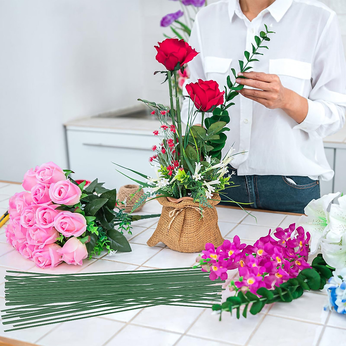 200 PCS Floral Stem Wire Flower Arrangements and DIY Crafts,Dark Green,Floral Wire for Florist Flower Arrangement 16 Inches