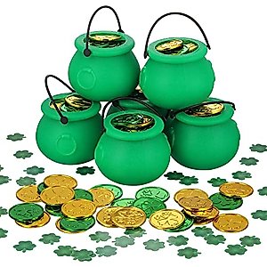 156 Pieces St Patricks Day Decorations Set Includes 6 Green Leprechaun Cauldron with Handle Lucky Leprechaun Pot 50 St. Patrick Lucky Shamrock Plastic Coins and 100 Shamrock Clover Confetti for Party